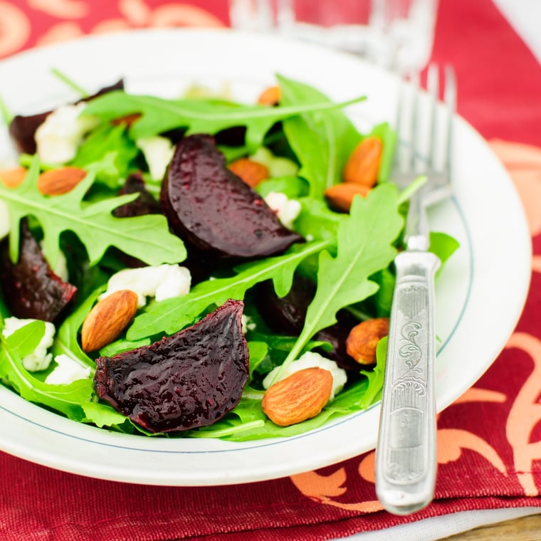 Roasted Beets with Mixed Green Salad, Almonds and Goat Cheese